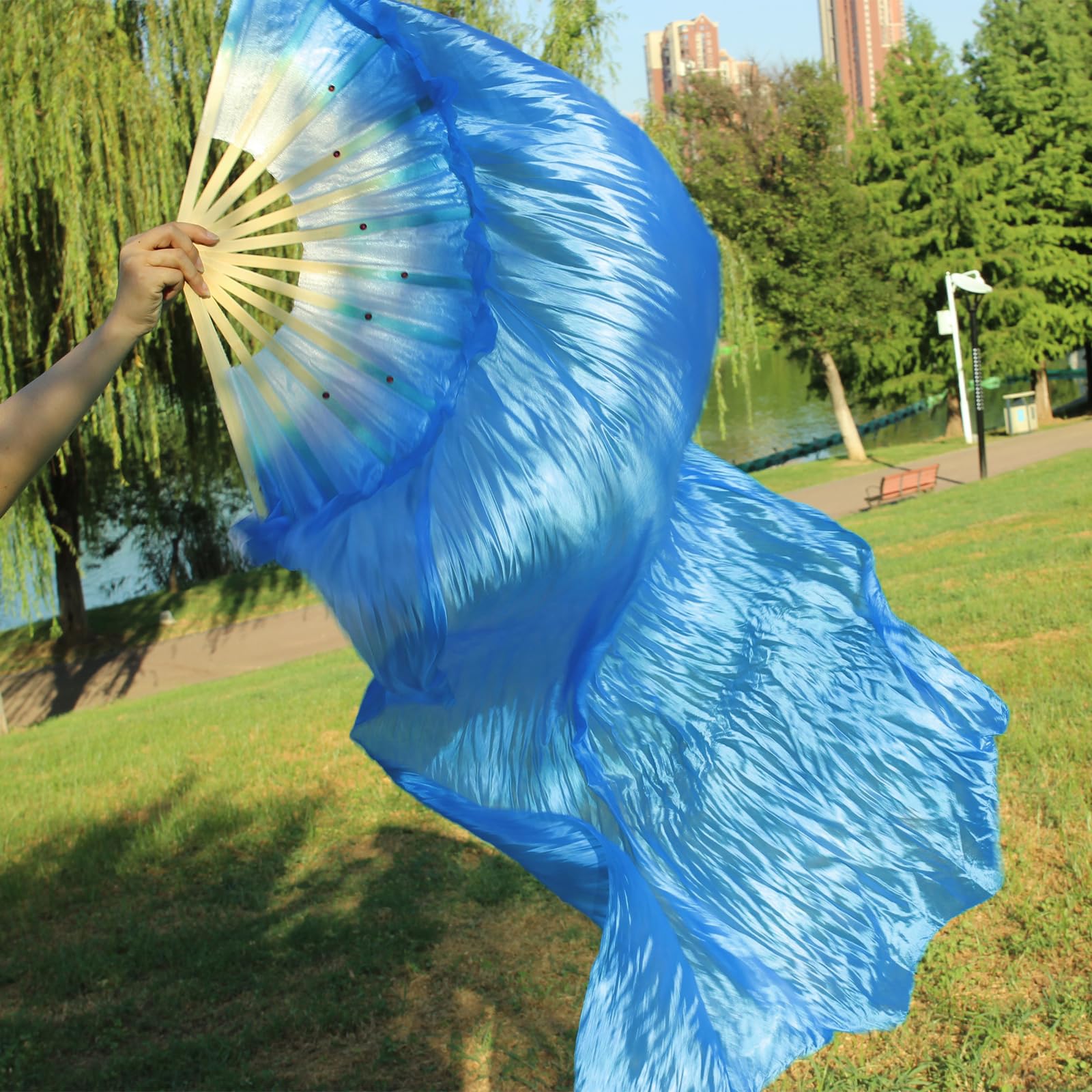 WEISIPU Hand-Made Faux Silk Belly Dance Fan Veils - Bamboo Long Fans Veils Available in 8 Stunning Colors for Dance Performances Right Hand (Blue)