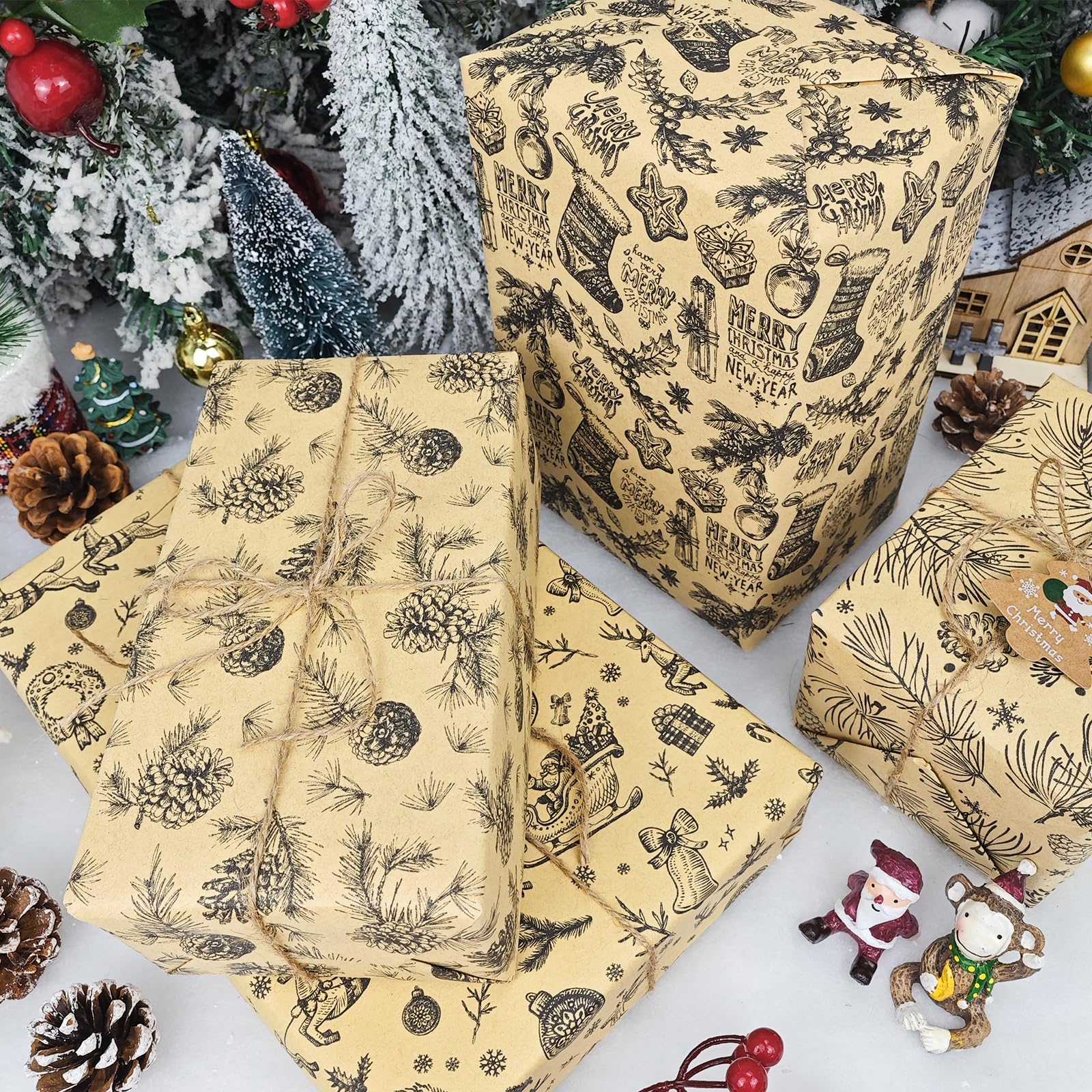 LDGOOAEL Mini Short Small Christmas Wrapping Paper Roll with Cut Lines on Reverse (17" X 120" Per Roll) - Red Gift Wrap with Santa&Snowflake&Plaid Design for Holiday, Birthday,Wedding