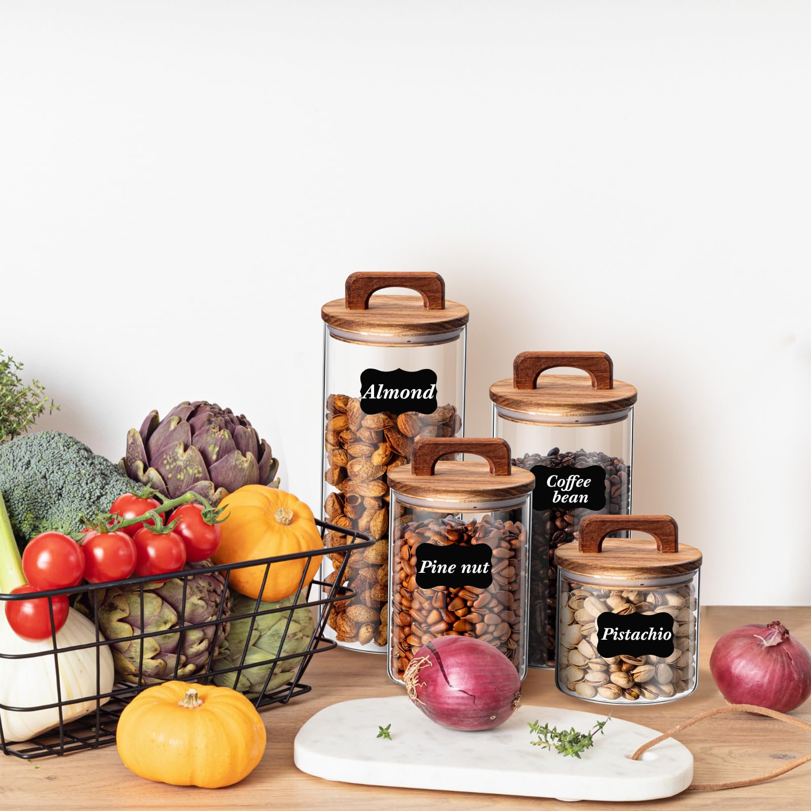 Layhit 4 Pcs Glass Food Storage Jars with Airtight Wood Lid Clear Storage Jars Containers with Stickers Marker for Candy, Cookie, Rice, Sugar, Flour, Pasta, Nuts, 4 Size
