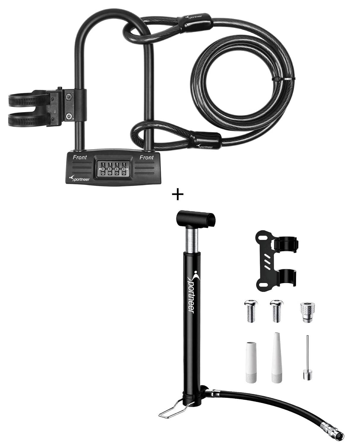 Sportneer U-Shaped Bike Lock with Keyless Design, 10mm Zinc Alloy U-Lock, 5-Feet Steel Cable, Adjustable Mounting Bracket, 130 PSI Inflating Capability
