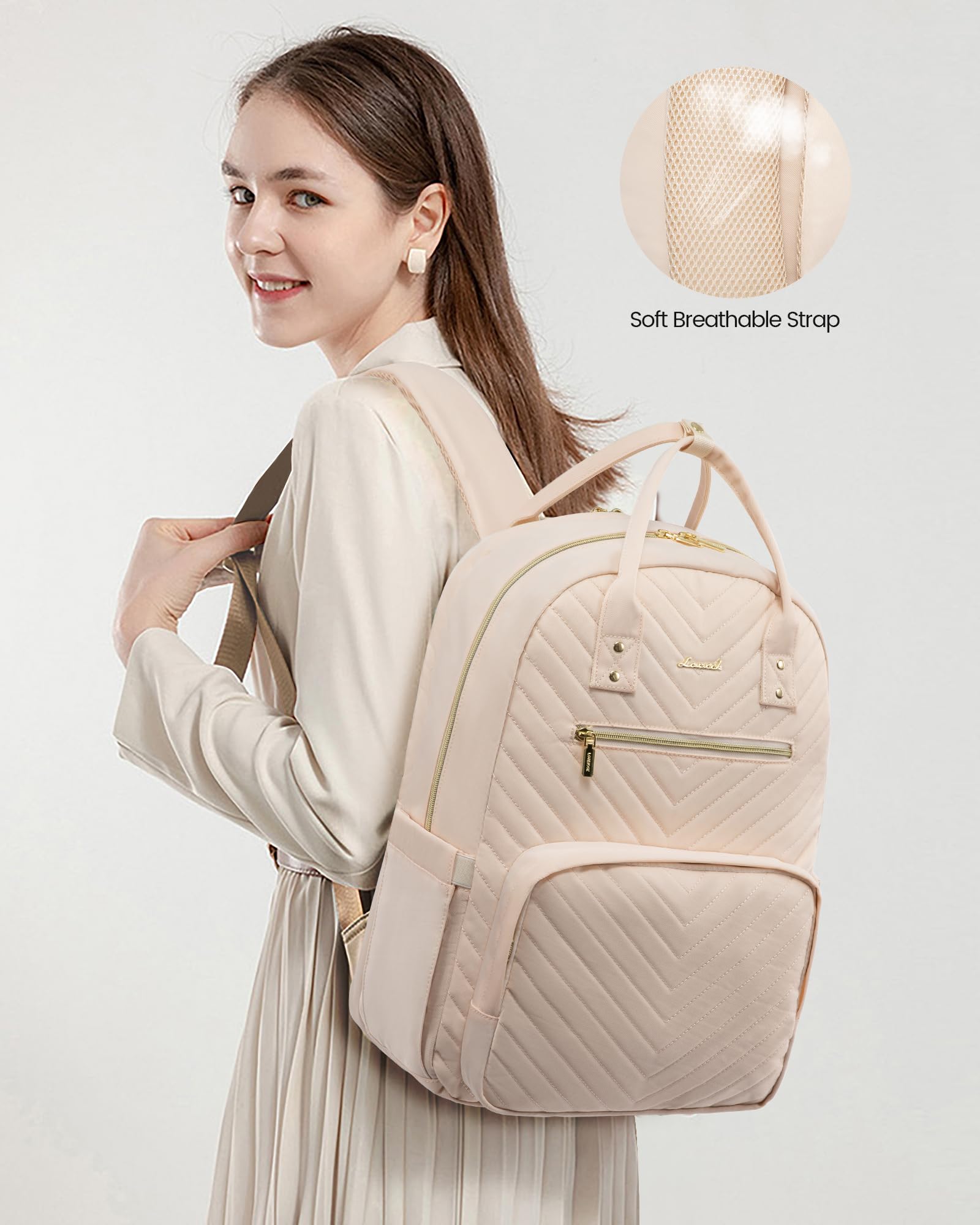 LOVEVOOK Laptop Backpack for Women, Large Capacity Travel Backpack with Luggage Strap, Stylish Women Backpack with USB Port, Waterproof Quilted Work Backpack for Business Casual Black