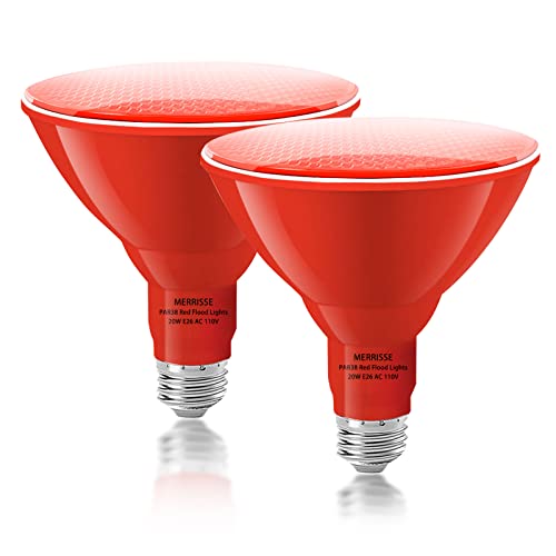 MERRISSE PAR38 Red Flood Light Bulbs 2 Pack, Dimmable 20 Watt Flood Light Bulbs 200W Equivalent,E26 Base Red Light Bulbs for Outdoor, Porch,Party Decroration, Halloween, Lighting
