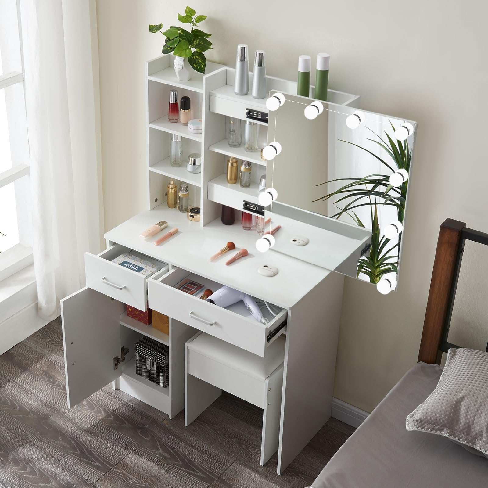 Lucaseone White Vanity Desk with Mirror and Lights,Makeup Vanity with Drawers and Storage Shelf, Vanity Table 3 Lighting Modes Brightness Adjustable for Bedroom (Modern 3071)