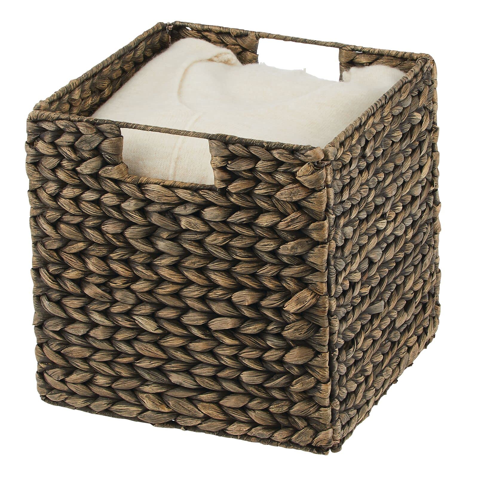 mDesign Natural Woven Hyacinth Cube Organizer Basket with Handles, Storage for Bathroom, Laundry Room Shelf or Nursery - Perfect for Cubby Storage Units - Hold Blankets and Books - 2 Pack, Black Wash