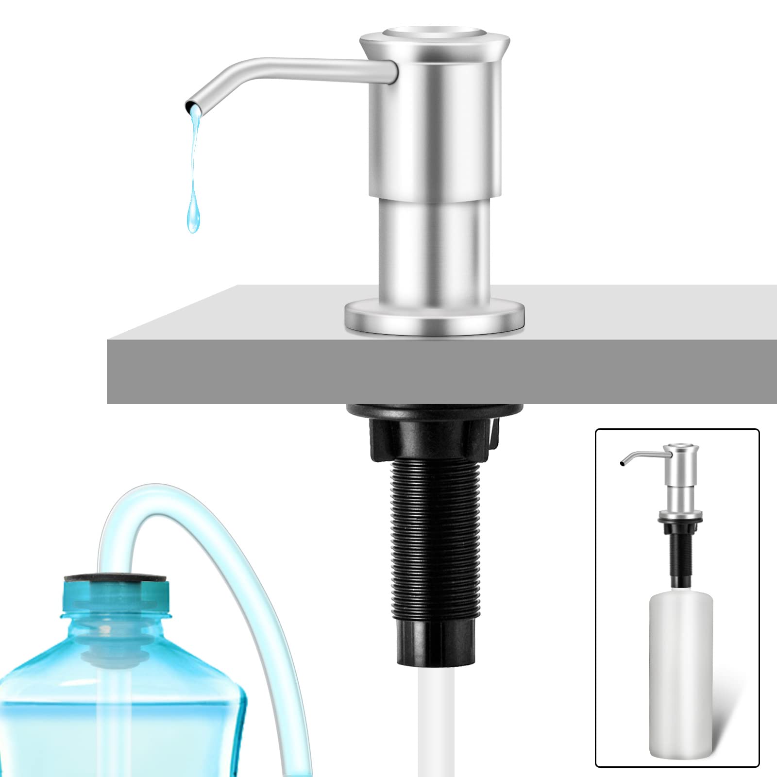 Tiilan Built-in Soap Dispenser Pump for Kitchen Sink Set, Detergent Dispenser 17oz Bottle and 47.2-inch Extension Tube, Stainless Steel Pump, Brushed Nickel
