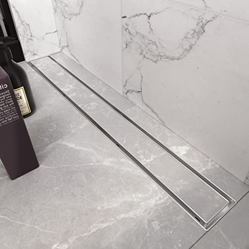 SR SUN RISE 24 Inch Linear Shower Floor Drain with Extra PVC Shower Drain Base, Rectangle Shower Drain with Tile Insert Grate and Hair Strainer Adjustable Leveling Feet, Brushed 304 Stainless Finished