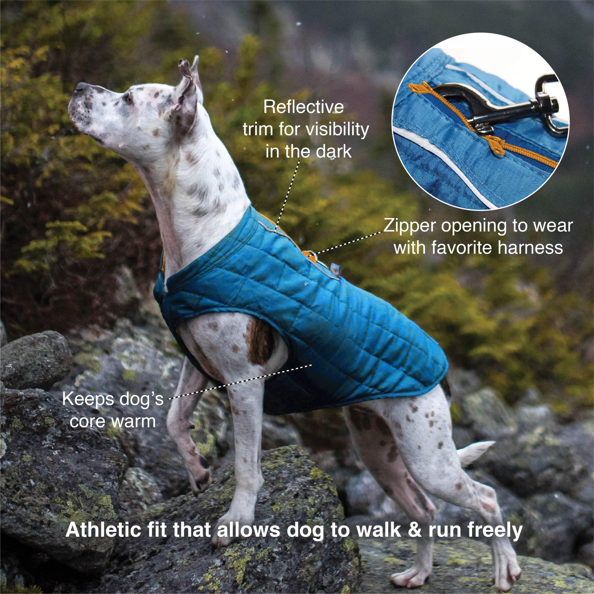 Kurgo Dog Jacket | Reversible Winter Coat for Dogs | Fleece Vest for Pets | Reflective | Wear with Harness | Water Resistant Loft Jacket | For Small Medium Large Pets (Blue/Orange, Large) (K01849)