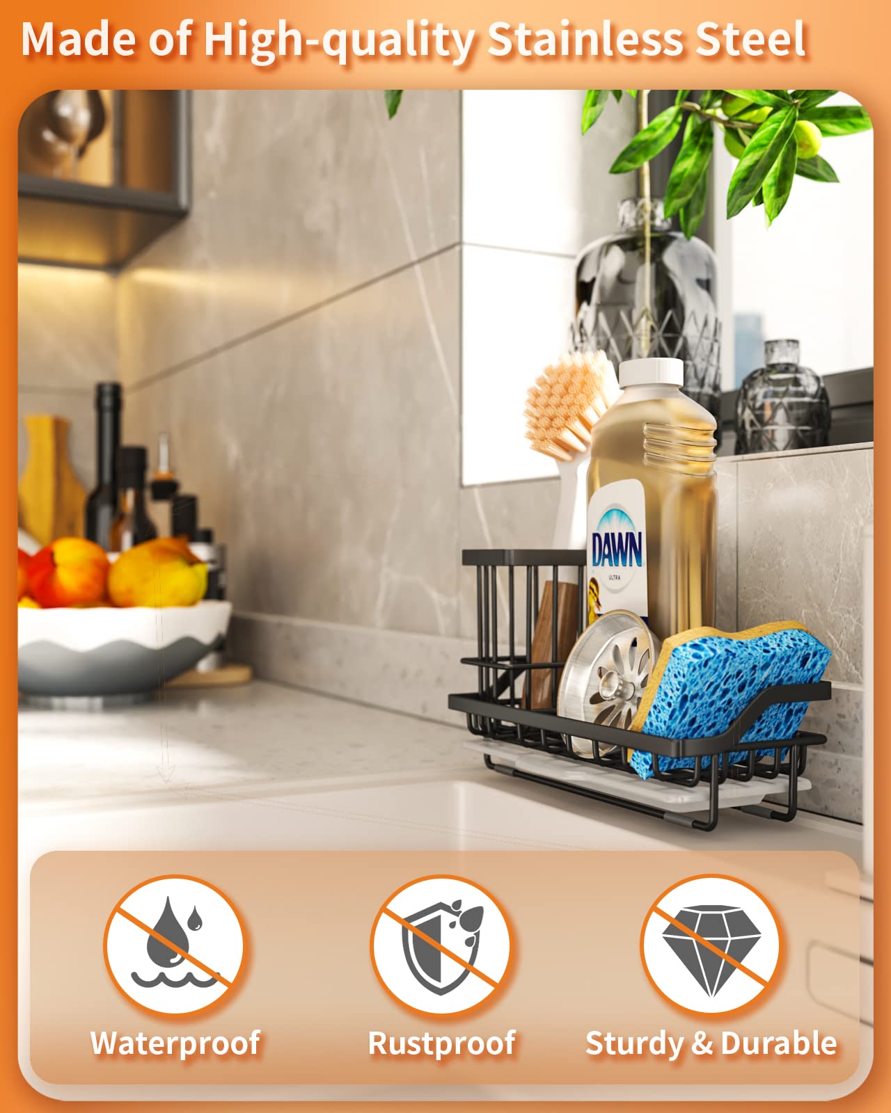 SWTYMIKI Sink Caddy Sponge Holder - Kitchen Sink Organizer with High Brush Holder for Countertop by the Sink Holding Dish Soaps and Sponges, Stainless Steel, Black
