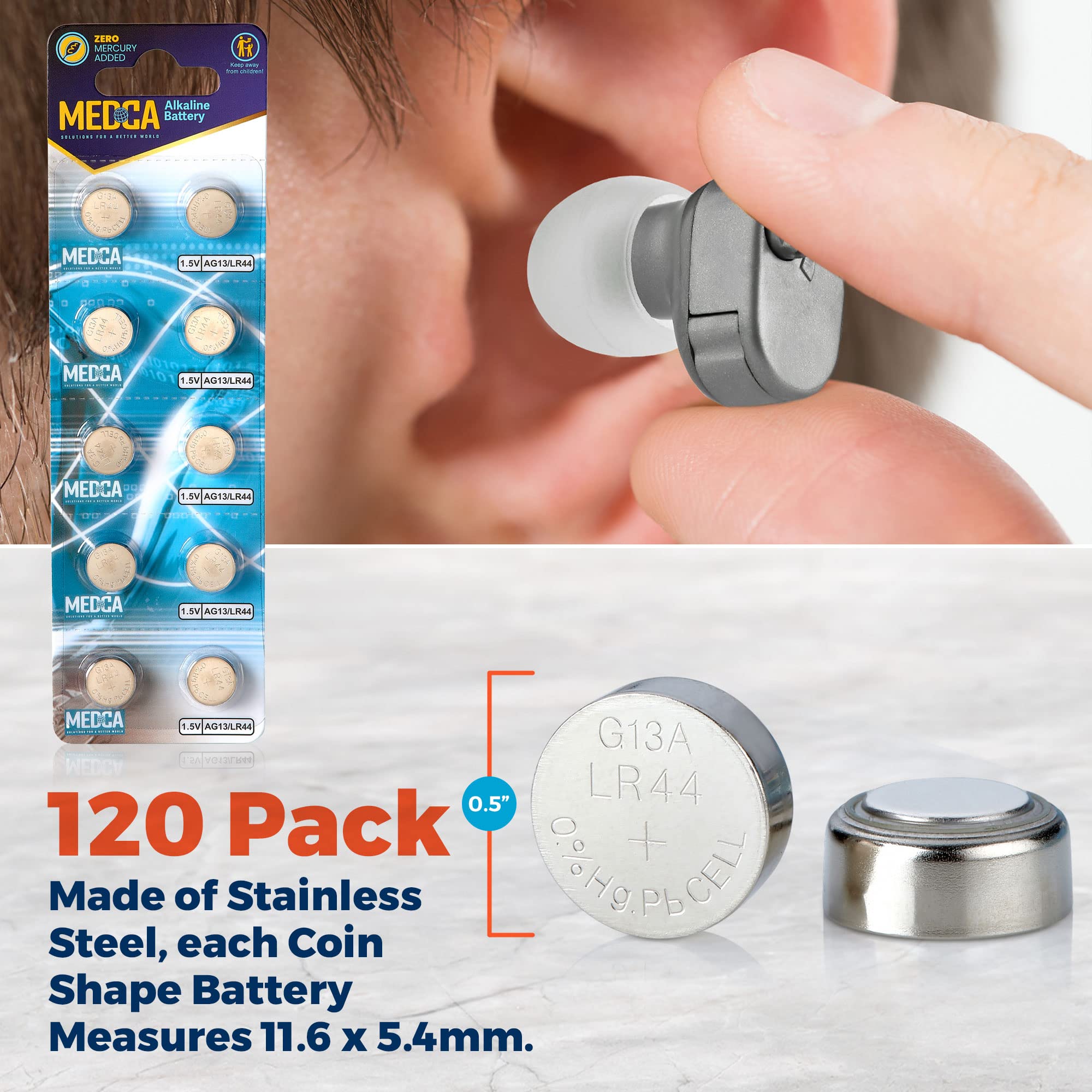 LR44 Batteries - 120 Count Pack - 1.5V Alkaline AG13 357 303 SR44 Battery Button Coin Cell Batteries for Hearing Aids and Hearing Amplifiers