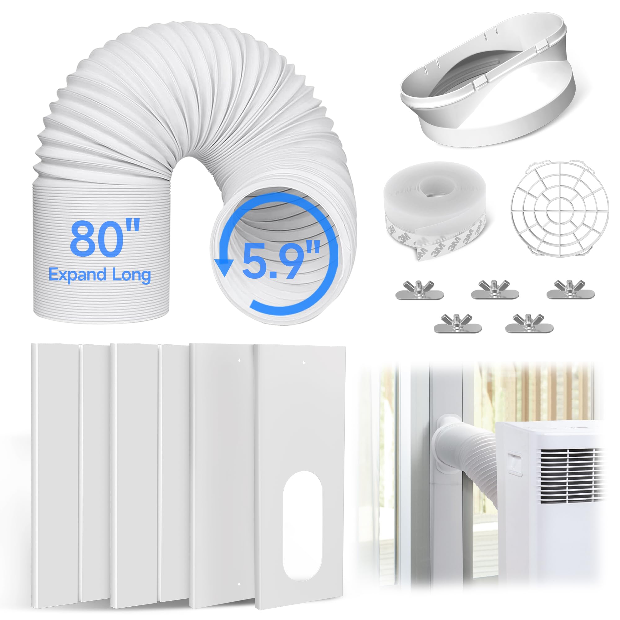 Toutgood Portable Air Conditioner Window Vent Kit with 80‘’ Length, 5.9'' Diameter Exhaust Hose, 13Pcs Universal PVC AC Window Slide Seal with 4 Panel(17” to 63”) for Horizontal&Vertical Window