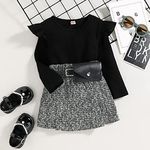 Yunfanda Toddler Baby Girl Fall Winter Dresses Turtleneck Solid Knit Pullover Tops Plaid Button Mini Skirts Set Outfits(20#-Black Tops+Skirt,12-18 Months)