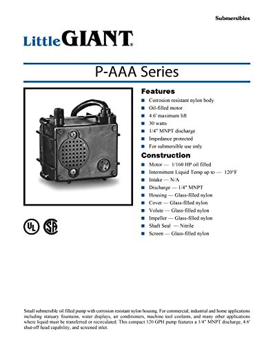 Little Giant P-AAA 115 Volt, 1/160 HP, 120 GPH Manual Submersible Oil-Filled Fountain/Recirculating Pump, 6-Ft. Cord, Black, 523003