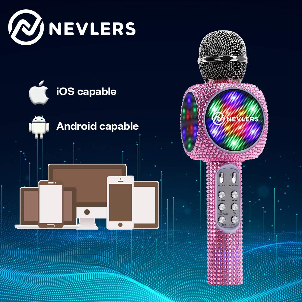 Nevlers Pink Bling Wireless Karaoke Microphone for Kids - Wireless Microphone with Speaker, Voice Changer & LED Lights, Portable Kids Microphone