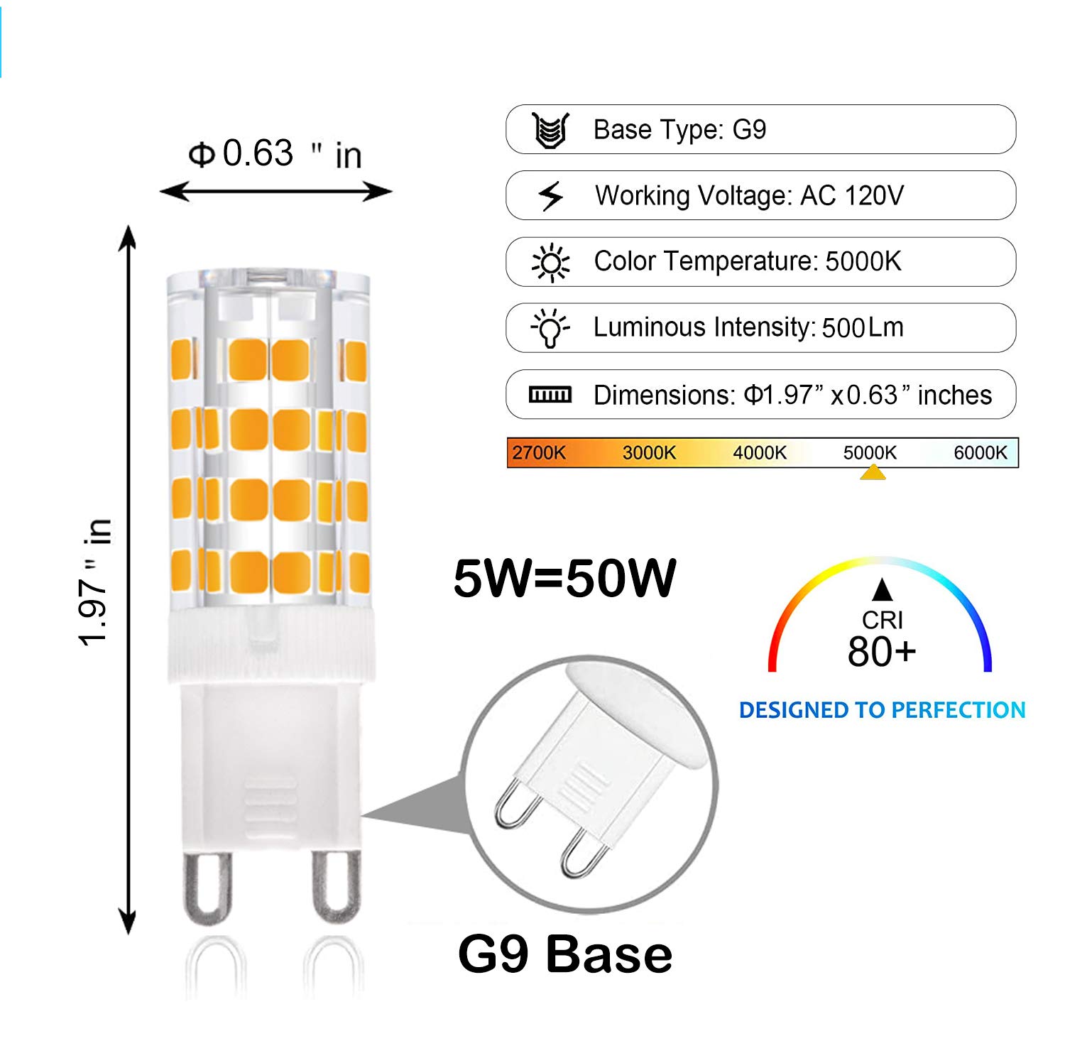 NLEHB G9 LED Bulb 5W (40W Halogen Equivalent), 400LM, Daylight White (5000K), G9 Base, Not Dimmable, G9 Daylight White Bulbs for Home Lighting (Pack of 6)