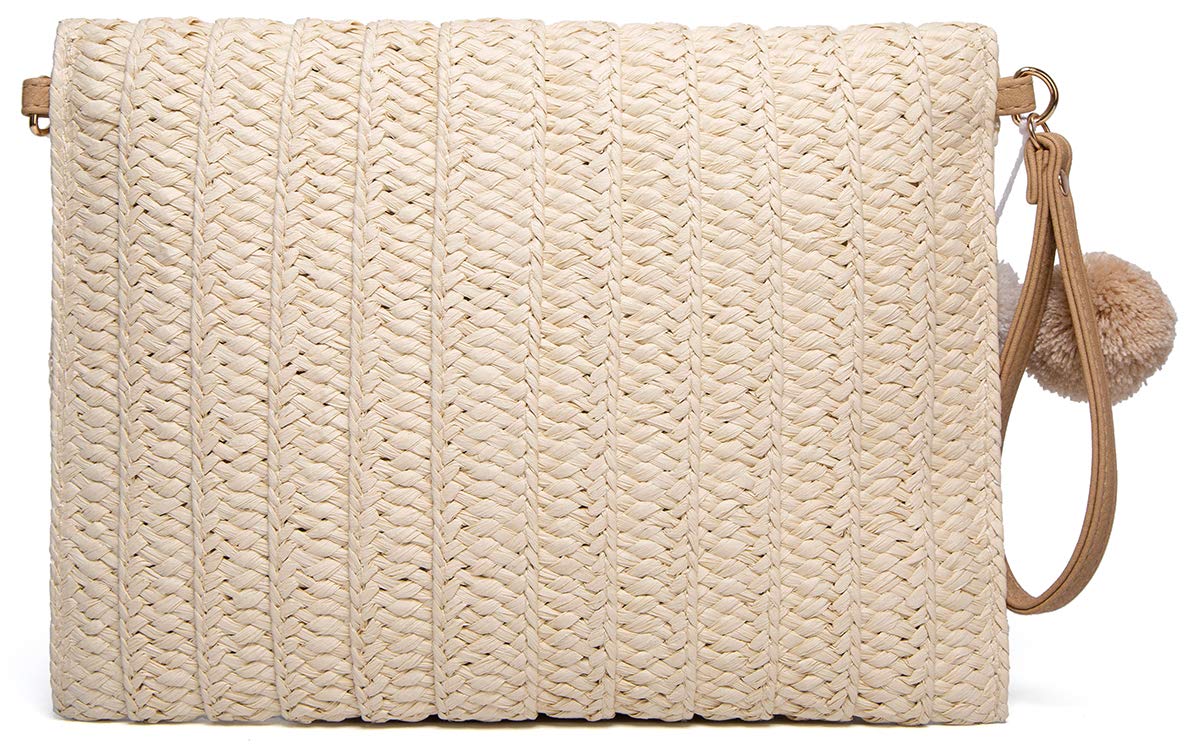 Straw Shoulder Bag Straw Clutch Women Hand-woven PomPom Straw Crossbody Bag Summer Beach Envelope Purse Wallet (E-Khaki)