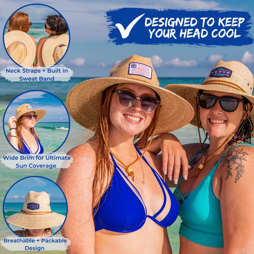 Qwave Packable Straw Hat, Lifeguard Hat for Men and Women, Stone Washed Beach Straw Hat, Protection from Summer Sun Hat - American Flag Surfboard
