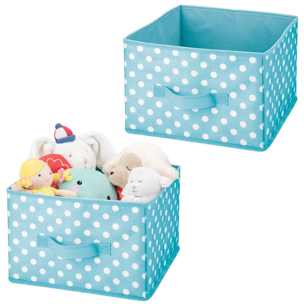 mDesign Soft Fabric Closet Storage Organizer Holder Box Bin - Attached Handle, Open Top, for Child/Kids Bedroom, Nursery, Toy Room - Fun Polka Dot Print - Medium, 2 Pack - Turquoise Blue/White Dots