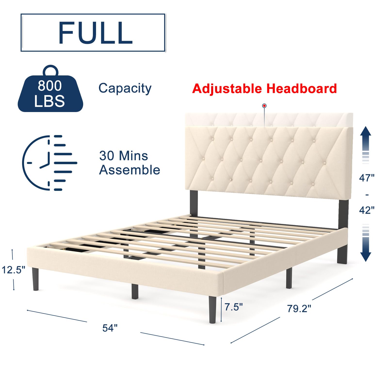 Molblly Full Size Bed Frame with Adjustable Headboard, Linen Fabric Wrap, Strong Frame and Wooden Slats Support, No Box Spring Needed, Non-Slip and Noiseless, Easy Assembly, Beige