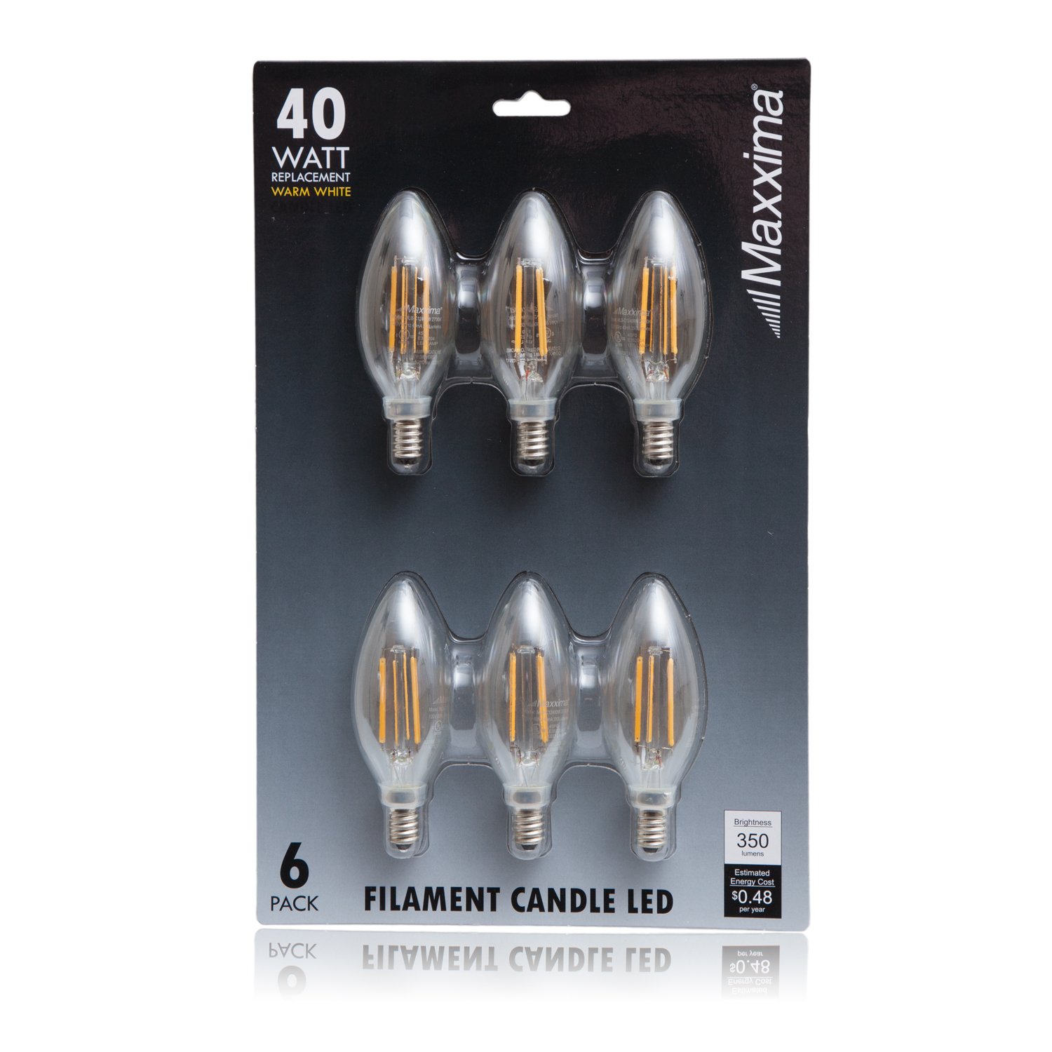 Maxxima Candelabra Clear Filament LED Candle Light Bulb 40 Watt Equivalent Warm White 2700K 350 Lumens, 4 Watt (Pack of 6)