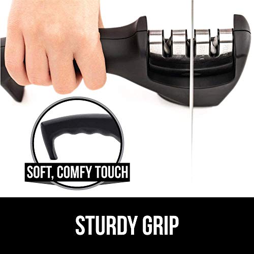 Premium Knife Sharpener, Professional Kitchen Chef 3 Slot Design, Easy Sharpening, Slip Resistant Grip, Safely Sharpen Knives, Restore Dull Knife for A Sharp Edge, Jet Black