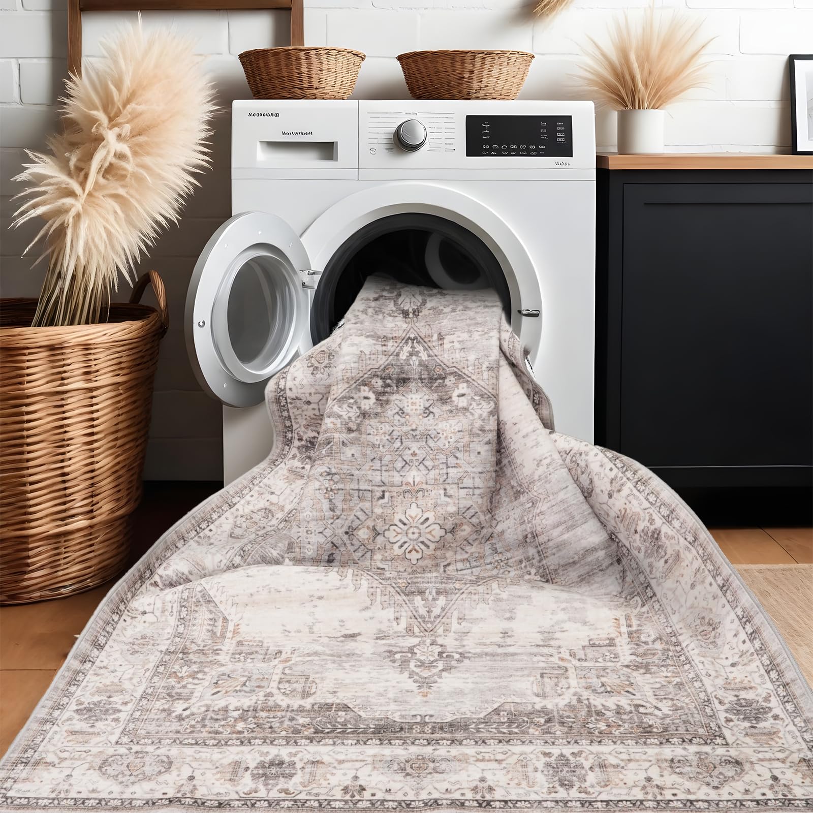 Washable Living Room Area Rug:8x10 Bedroom Rugs - Farmhouse Distressed Printed Floral Carpet - Foldable Non-Shedding Floor Carpet for Dining Room 8'x10' Beige