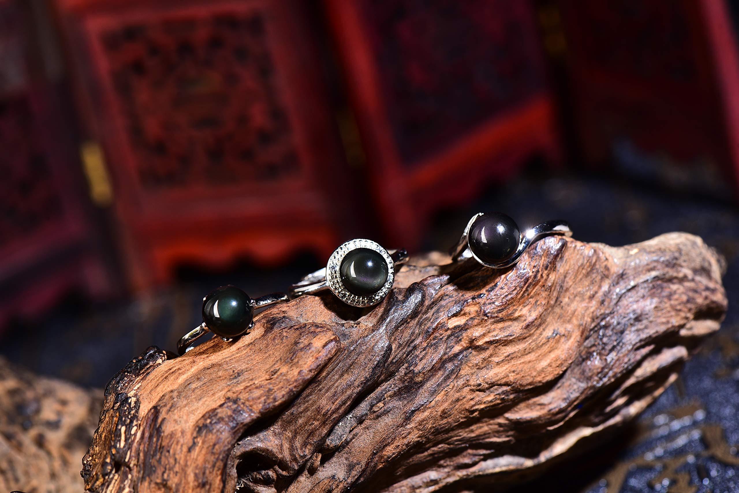 Natural rainbow eye obsidian adjustable women's ring women's crystal ring high polished bare beads 8mm women's jewelry gift (Fancy)