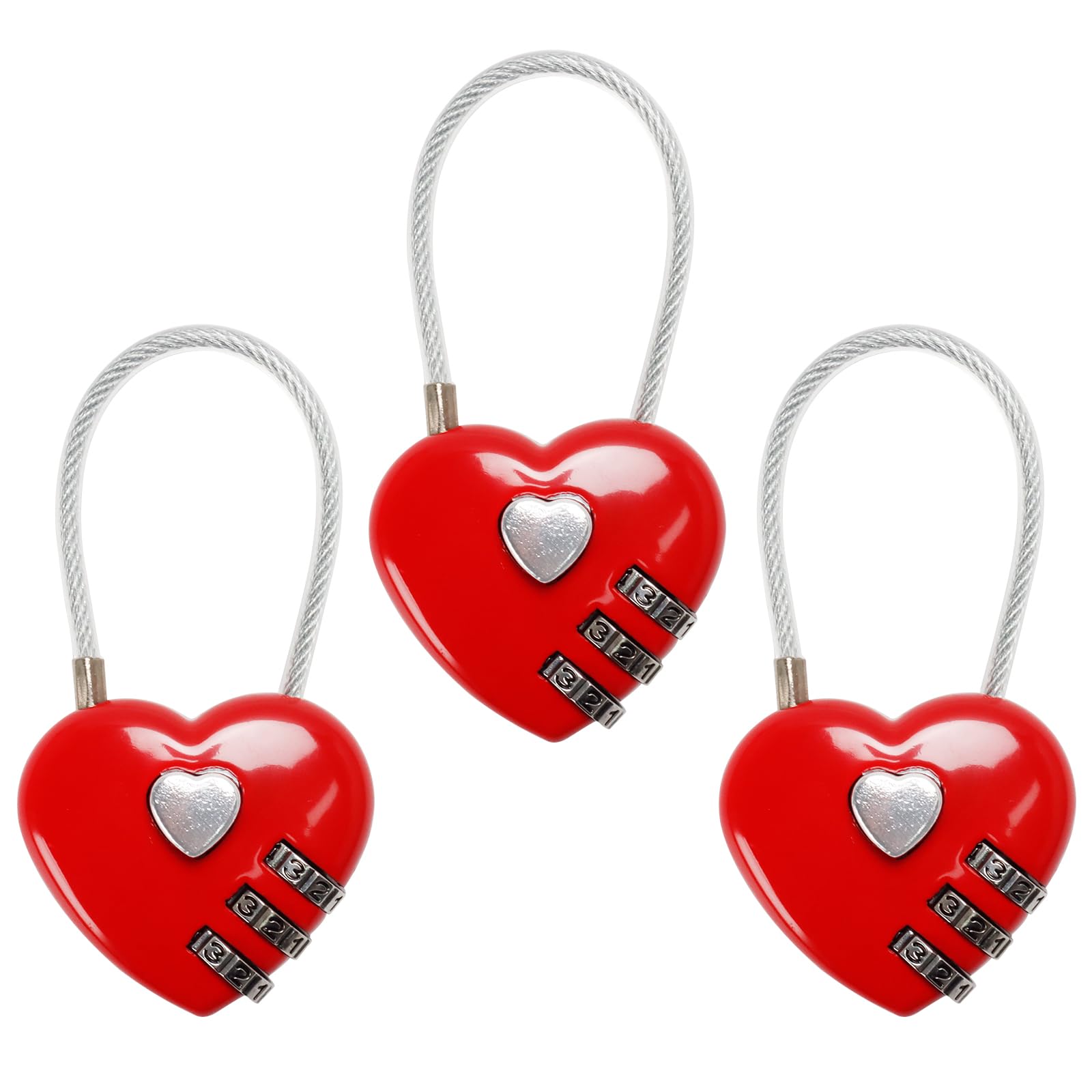 Red Heart Padlock, Mini Code Lock, Wire Rope 3-Digit Code Combination Padlock for Travel Bags/Suitcase/Lockers/Backpacks/Jewelry Boxes, 3 Packs