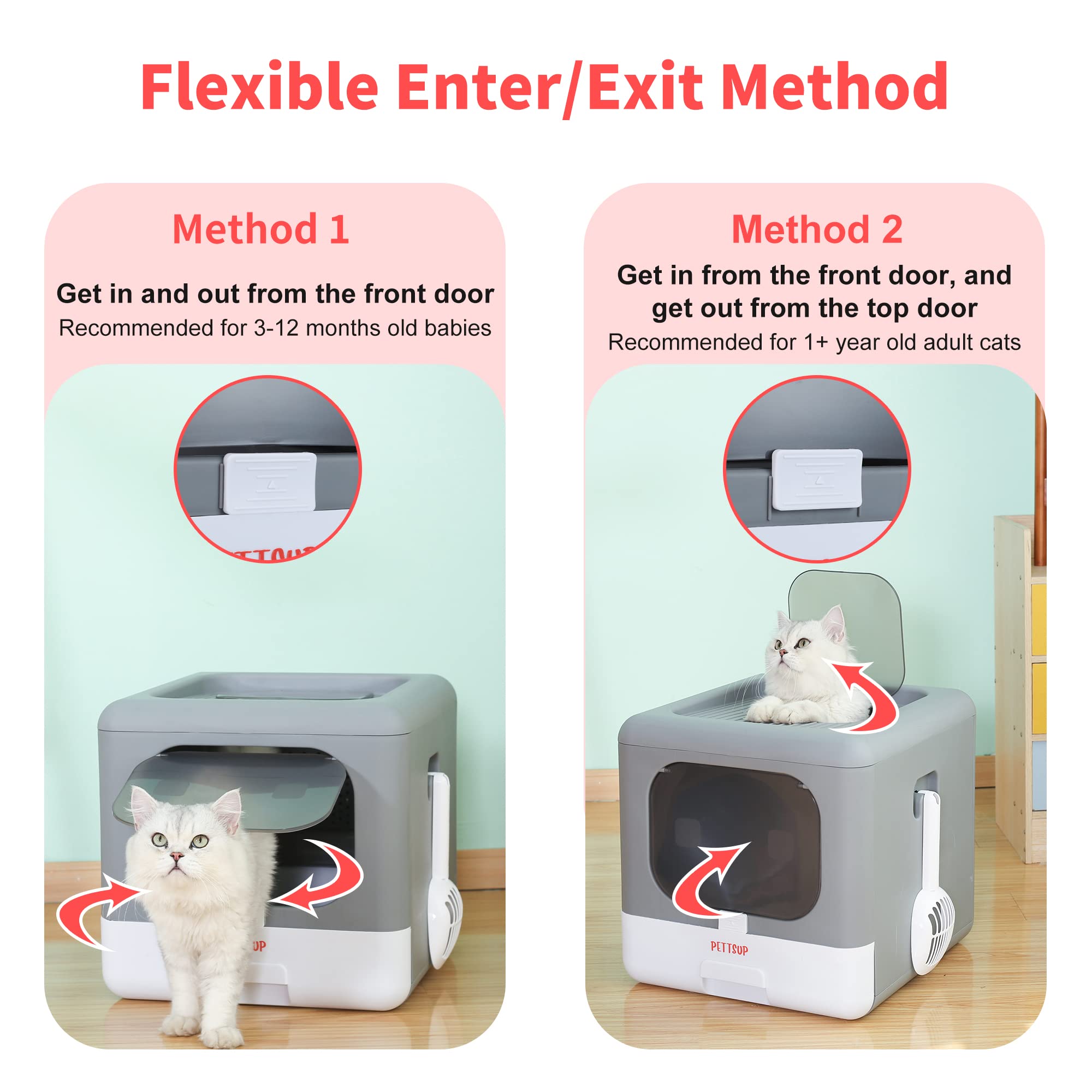 Pettsup Cute Cat Litter Box (Cube Robot), with Front and Top Entry Door, Enclosed Kitty Litter Box with Lid, Modern Litter Box Furniture for Indoor Cats (Grey)