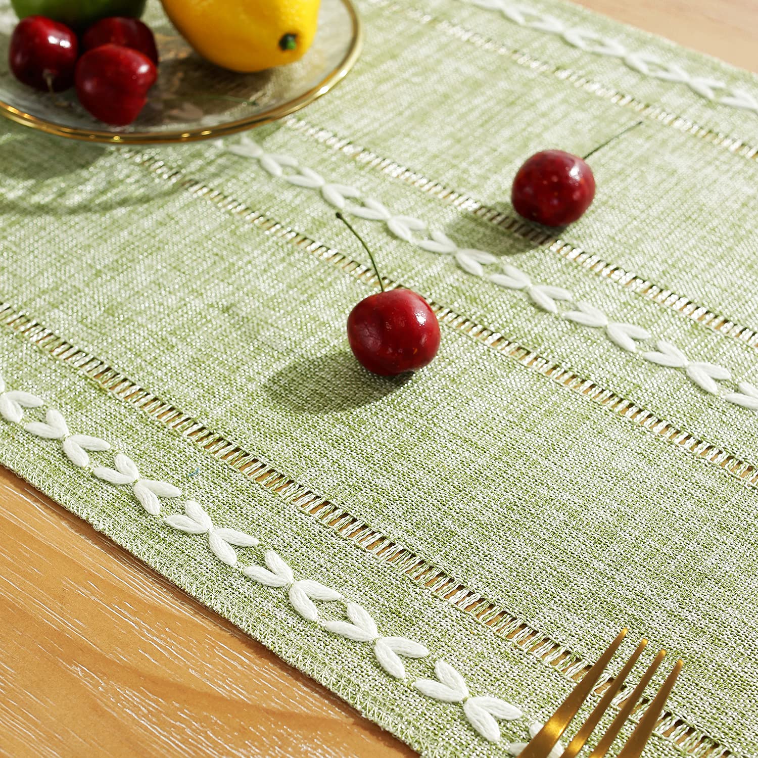Rustic Farmhouse Style Linen Table Runner, Boho Handmade Tassel Embroidered Small Table Runners 48 Inches Long for Holiday Party, Christmas and Dining Decorations, 13 inchW X 48 inchL - Sage Green