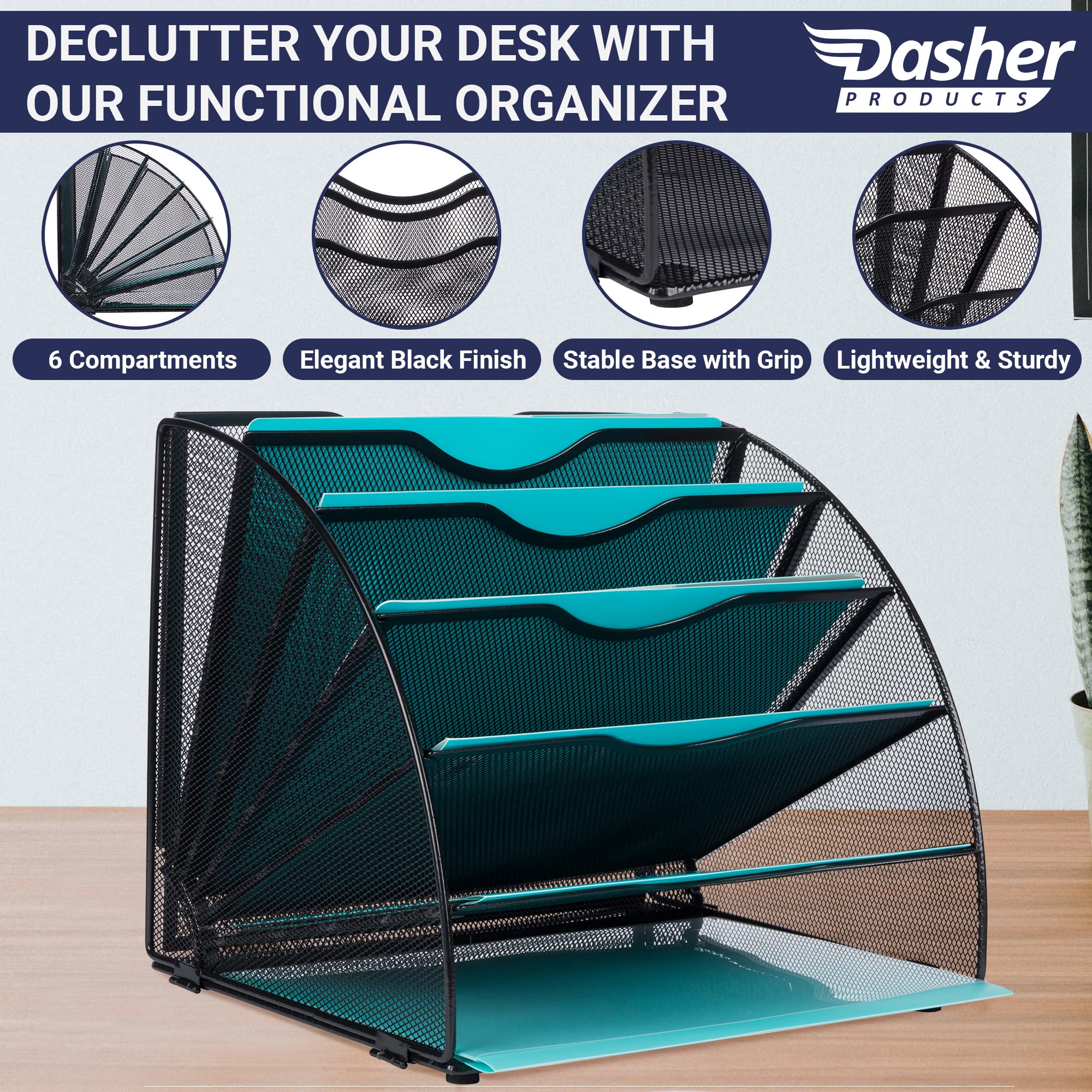 Mesh Office Organizer for Desk - Fan Shaped Desktop Organizer with 6 Compartments for Filing Paper, Bills, Letters for Work, School, Office, Waiting Room, Classroom, and More
