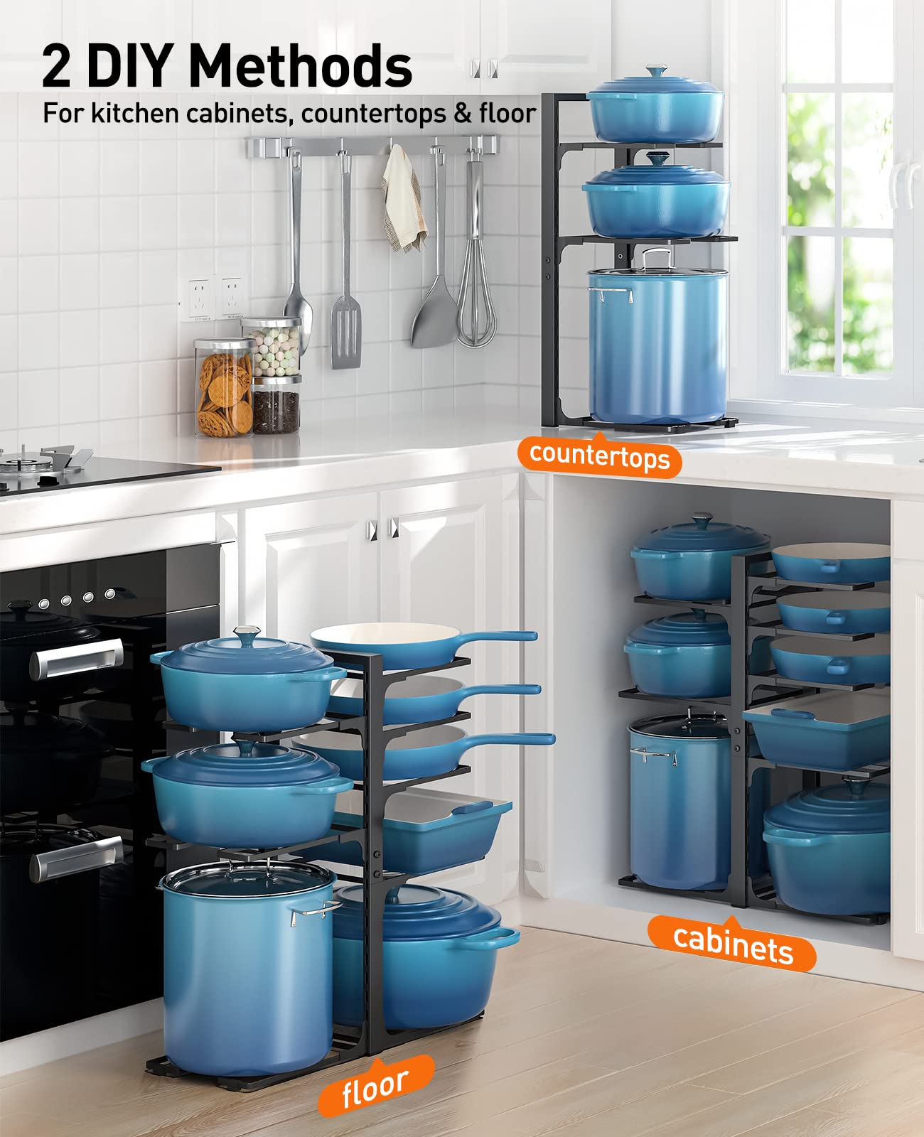 ORDORA Pots and Pans Organizer: under Cabinet, 21" Height Heavy Duty 120LBS Pots Pans Organizer Rack for under Cabinet 8-Tier Adjustable for Big Stockpots, Dutch Ovens, Cast-iron Pans, Heavy Cookware