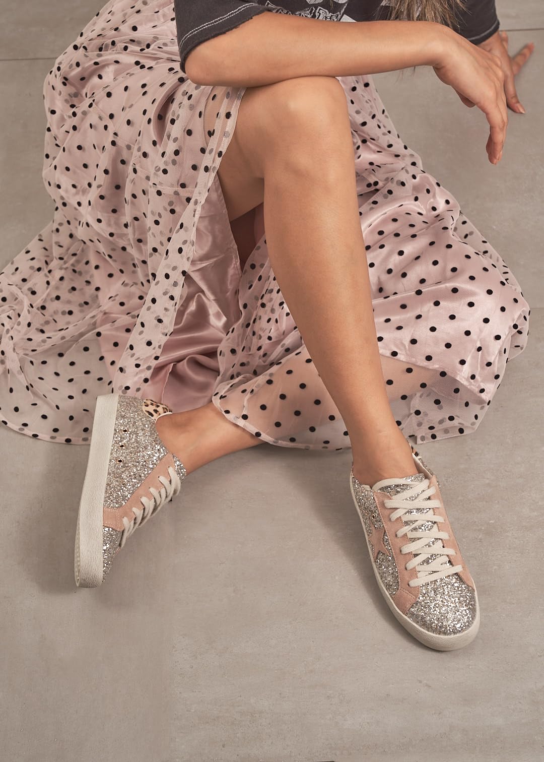 Mi.iM Skylar Rubber Sole Lace-up Glitter Suede Leather Star Sneakers (8, Light Gold)