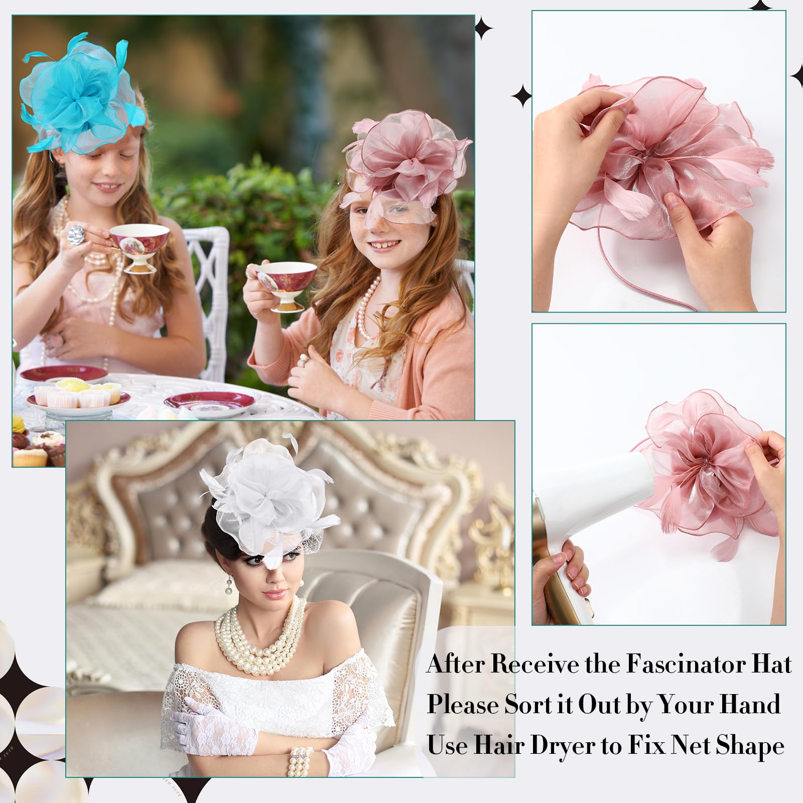 Yunsailing 8 Pack Women's Fascinators Hat Tea Party Wedding Derby Mesh Flower Feather Fascinator Hat with Headband and Clip(Multi Colors)
