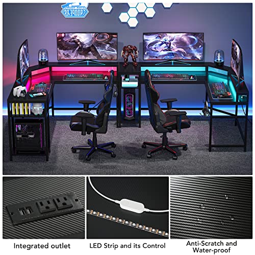 LITTLE TREE L Shaped Gaming Desk: Computer Desk with Power Outlet & LED Stripe, Modern Coner L Desk with Storage Shelves for Home Office - Black