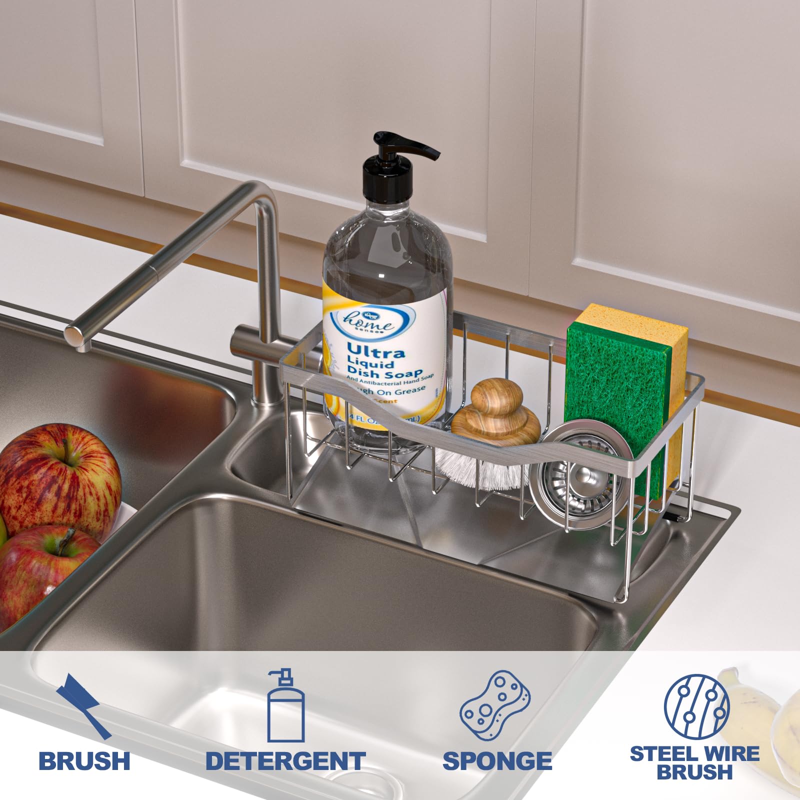 Maifan Stainless Steel Caddy Organizer with Auto Drain Tray, Silver Sponge Holder for Kitchen Sink, Caddy for Kitchen Countertop Storage Gadgets