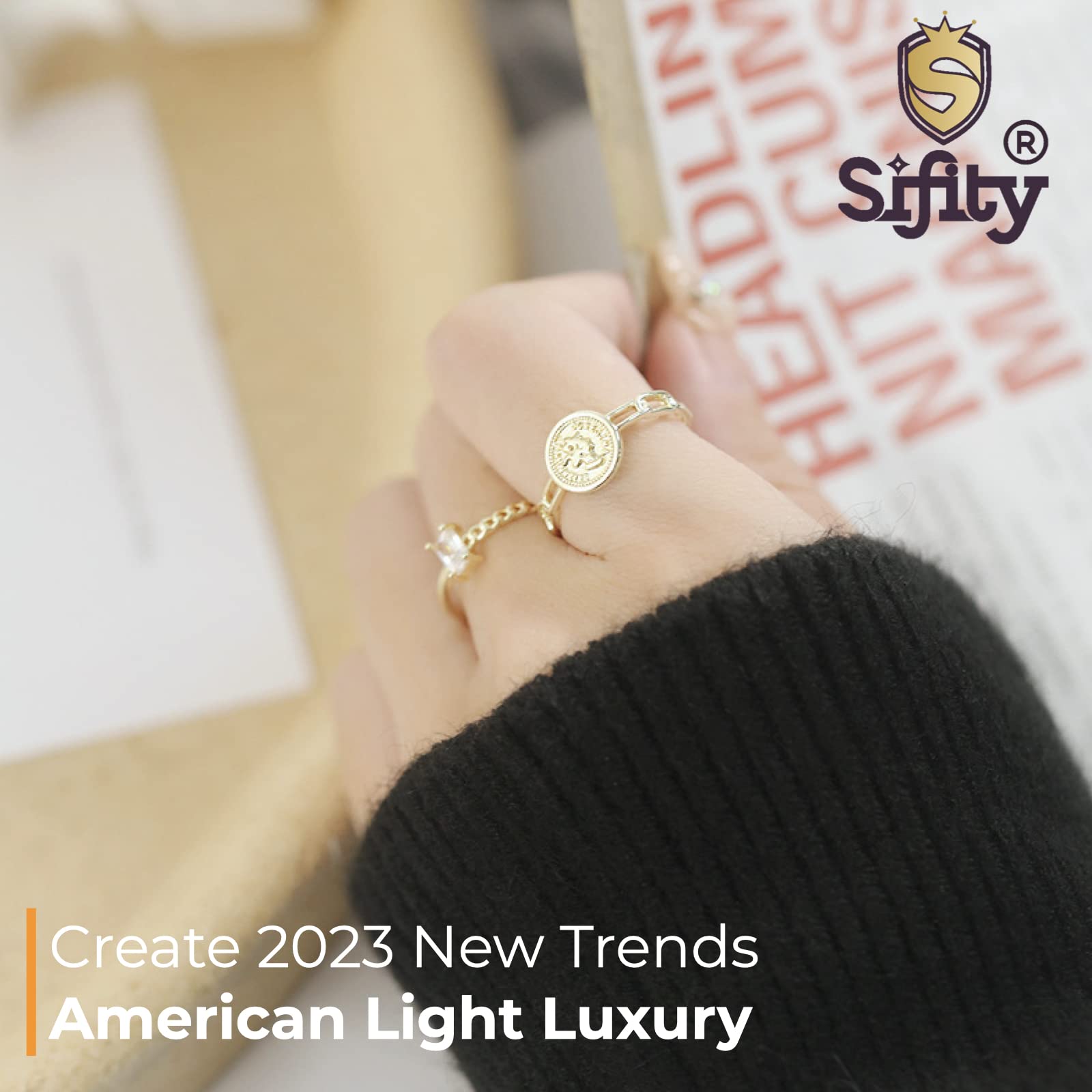 Sifity 2023 Fashion Open Link Chain Ring for Women 18K Gold Plated Trendy Rings Stackable | Anillos Para Mujer (Blue Gift Box with LED Light)