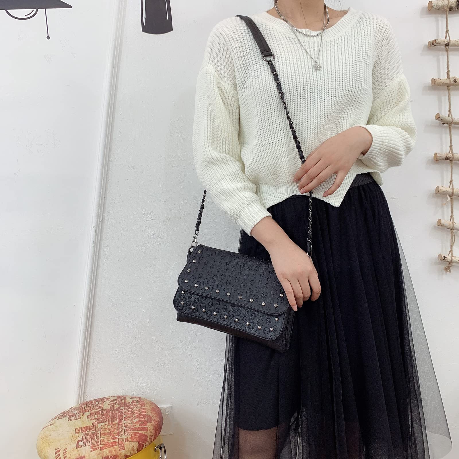 Studded Skull Messenger Bag Gift for Women, Vegan Punk Chain Bag Gothic Purse Shoulder Crossbody Rivet Handbag Black