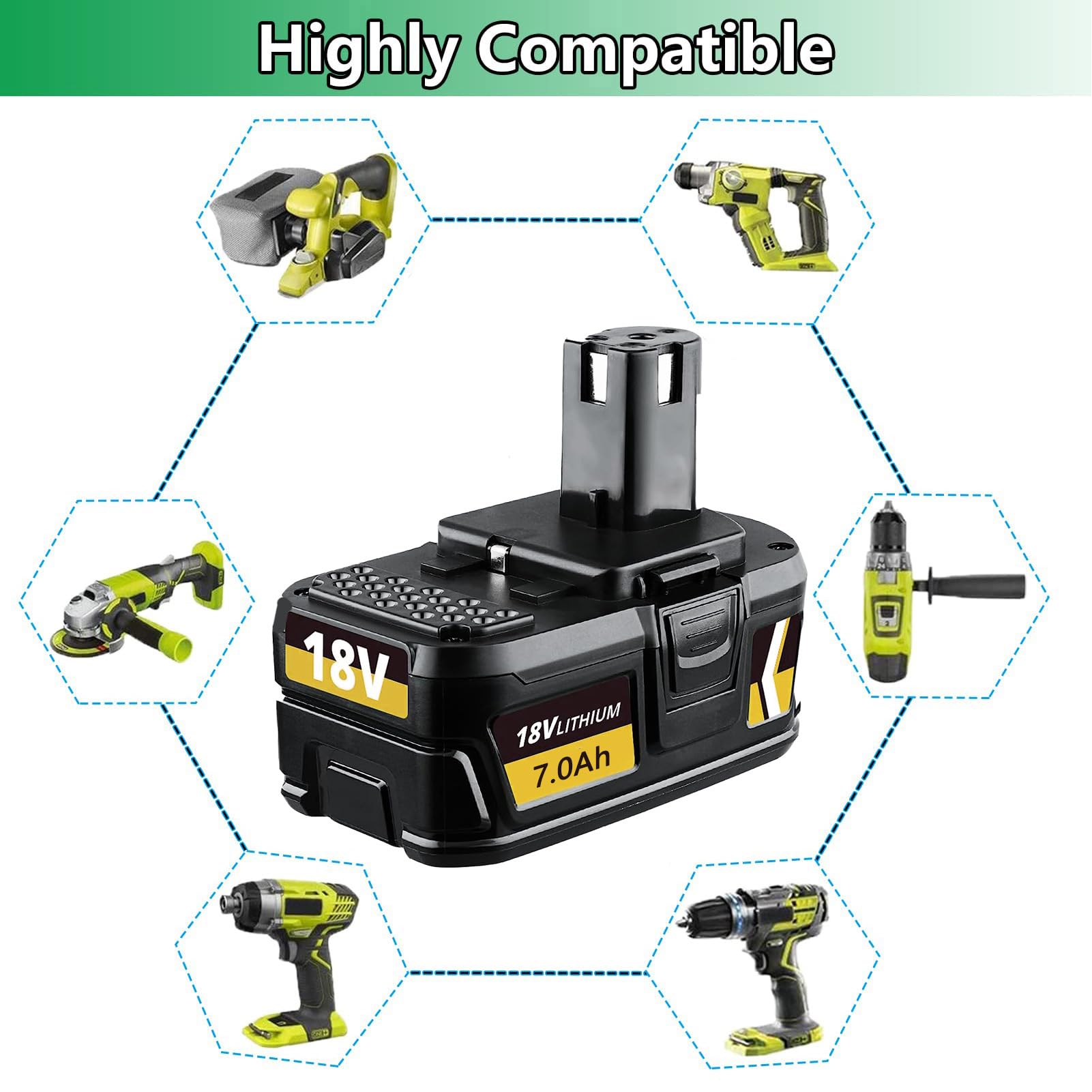 MANUFER 2 Pack 18V 7.0Ah Battery Replacement for Ryobi 18 Volt Lithium Battery Compatible with P102 P104 P103 P105 P107 P108 P109 Replacement for Ryobi Cordless Tool Battery