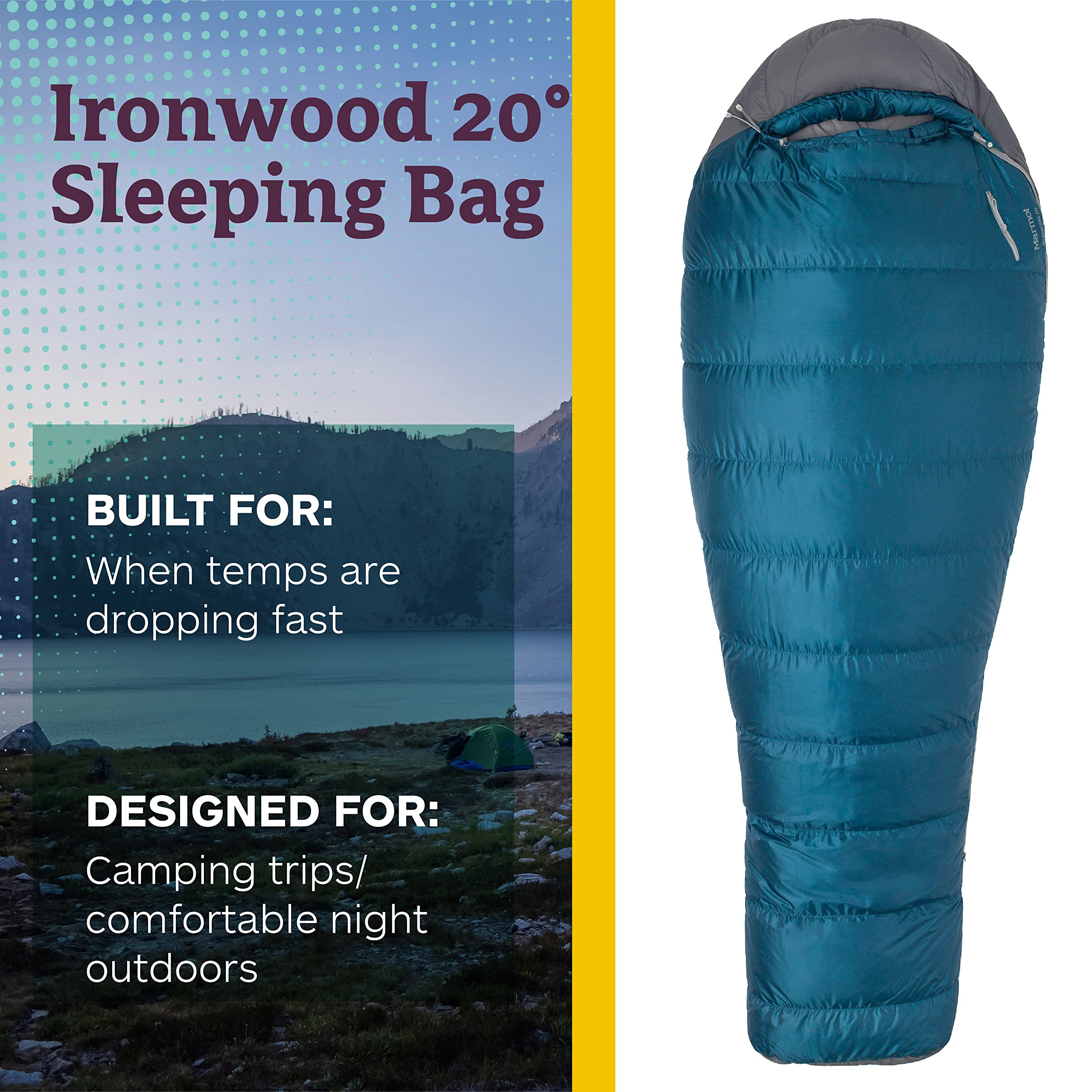 MARMOT Ironwood Mummy Sleeping Bag - 650 Fill Down, Lightweight, 20-Degree Rating, Denim/Steel Onyx, Regular