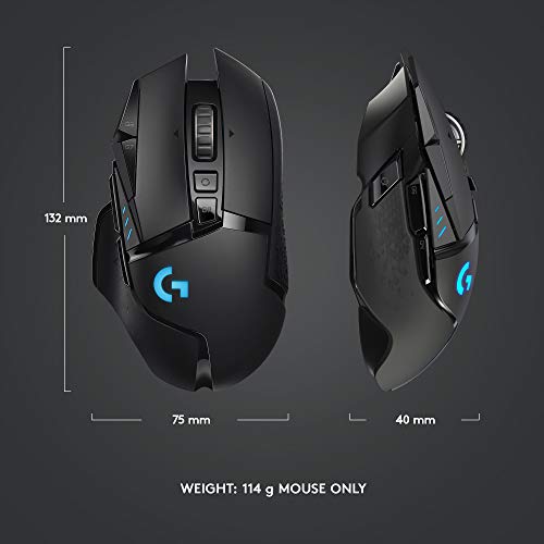 Logitech G502 Lightspeed Wireless Gaming Mouse, Hero 25K Sensor, 25,600 DPI, RGB, Adjustable Weights, 11 Programmable Buttons, Long Battery Life, POWERPLAY-Compatible, PC/Mac - Black
