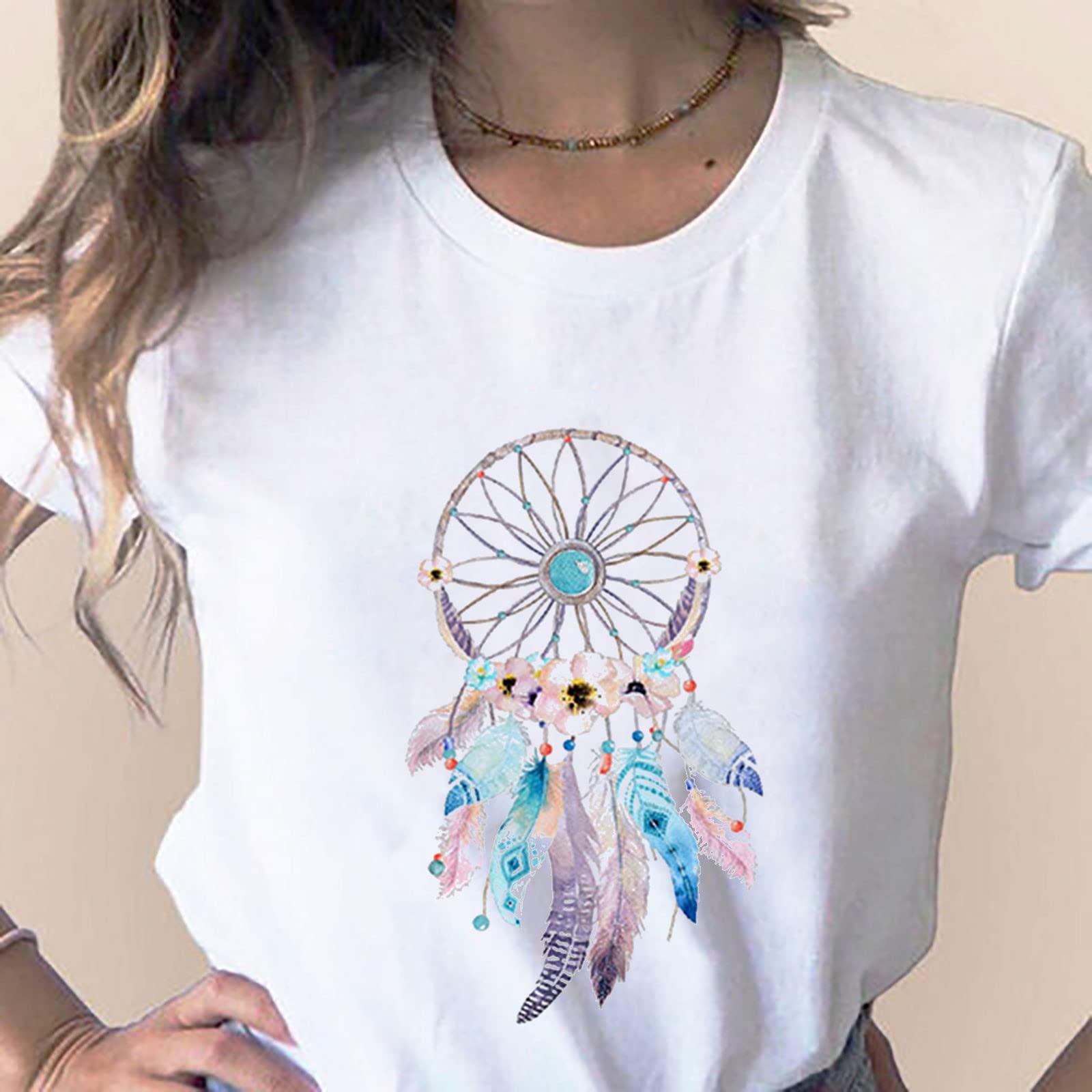 Shirt for Women Simple Casual Boho Dreamcatcher Graphic T-Shirt Short Sleeve Summer Top Trendy Indian Blouses