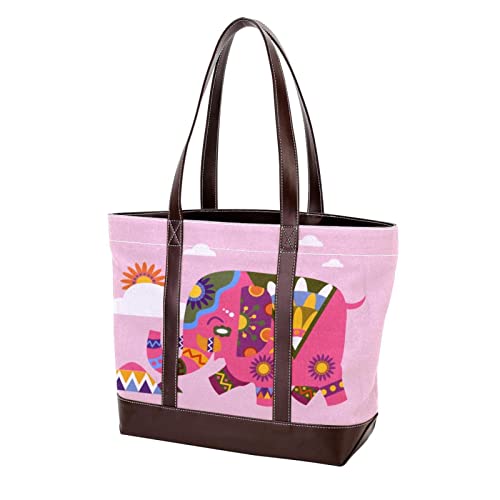 Women's Large Size Canvas Shoulder Bag Hobo Crossbody Handbag Casual Tote, Pink Retro Floral Elephant