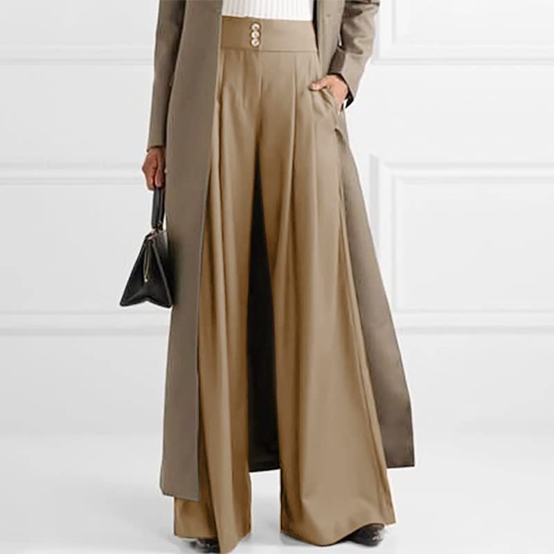 tuduoms Slacks for Women's Work Casual High Waisted Pleated Pants Plus Size Stretch Dress Pants Straight Long Palazzo Pants Khaki