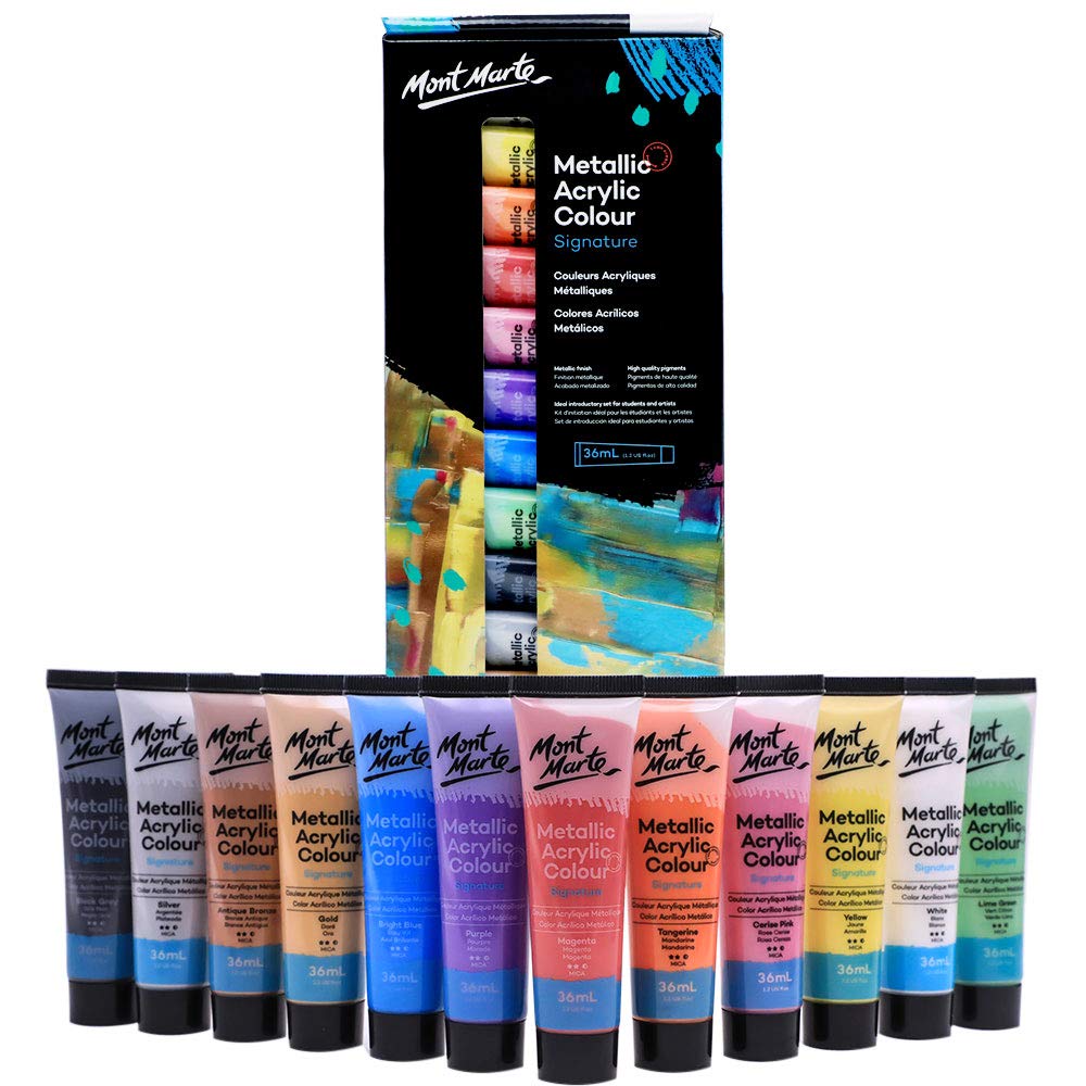 Mont Marte Premium Metallic Acrylic Paint Set, 36 x 1.02oz (36ml) Tubes, 36 Colors, Suitable for Most Surfaces Including Canvas, Card, Paper and Wood