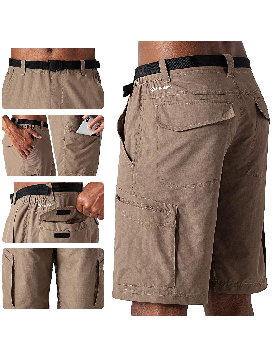 NAVISKIN Men's Quick Dry UPF 50+ Cargo Shorts Lightweight Hiking Outdoor Shorts Khaki Size XL