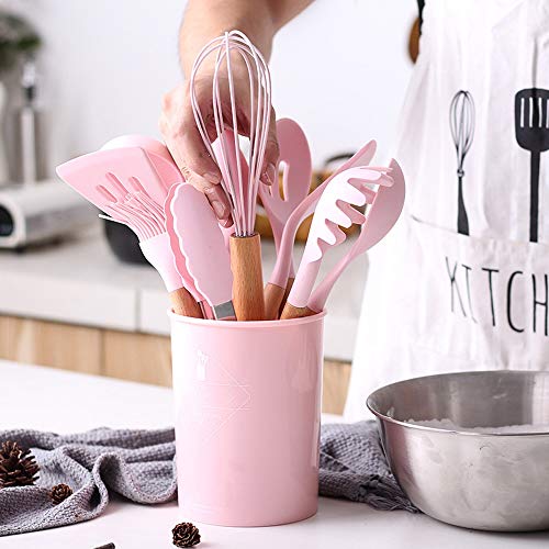 LMMDP Silicone Spatula Set Kitchen Utensils Non-stick Pan Special Leakage Cooking Spatula High Temperature Resistant Wooden Handle Baking Storage Bucket