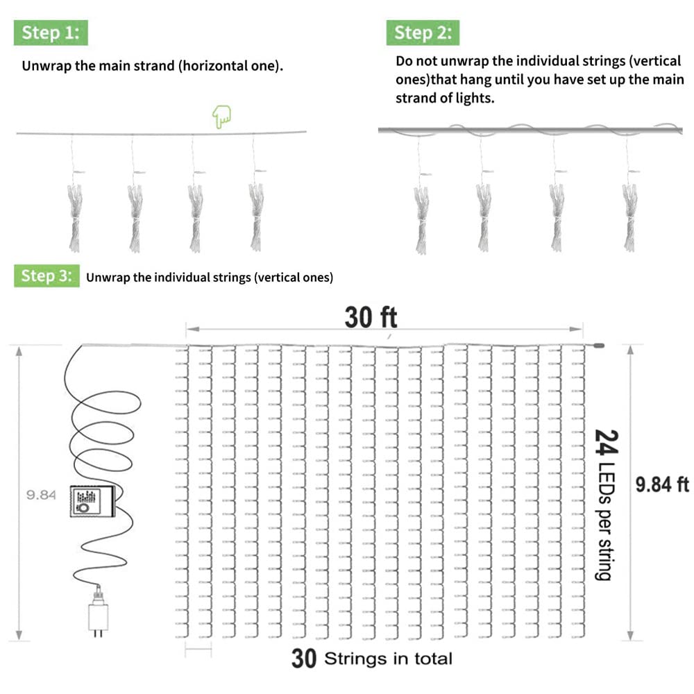 Solhice LED Curtain Lights Outdoor 30ft x10ft White, 720 LEDs 8 Modes Plug in Window Christmas String Lights Indoor, Twinkle Lights for Patio Wedding Party Yard Decor (Not Connectable)