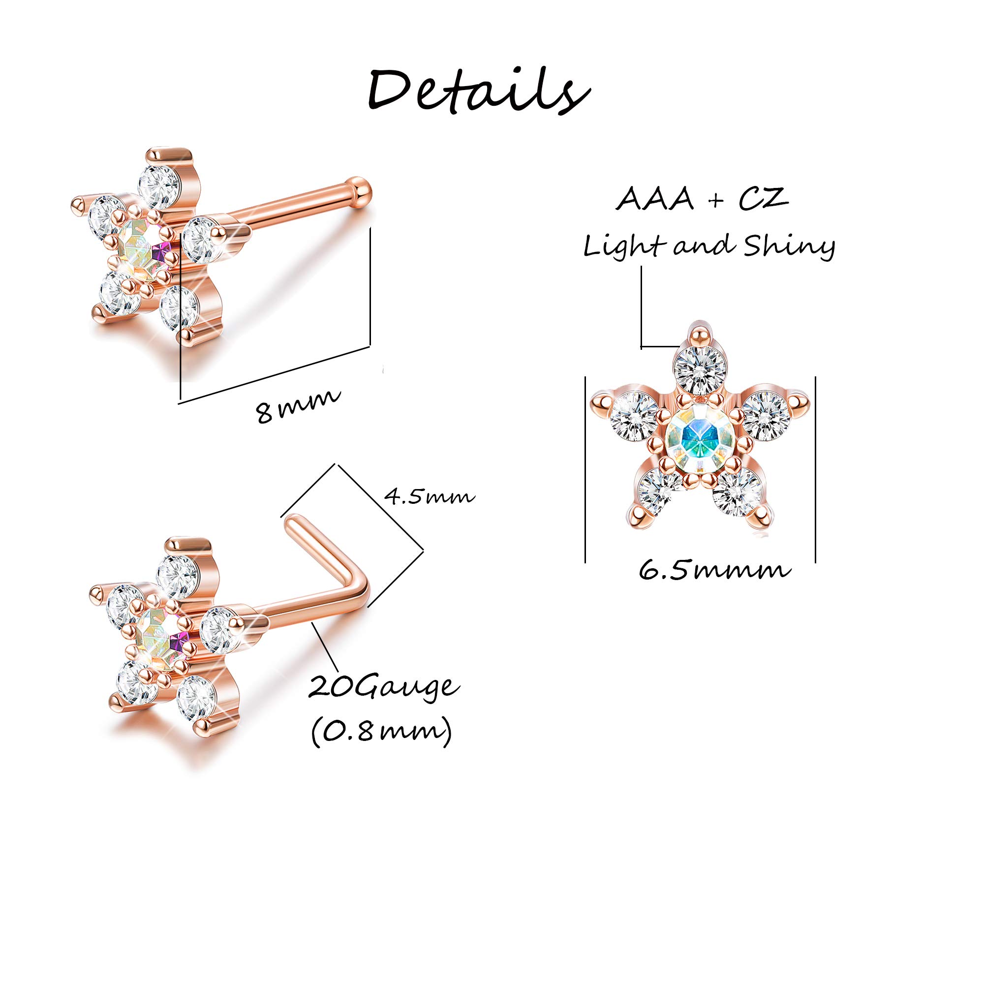 LOYALLOOK 6Pcs 20G Stainless Steel Silver/Rose Gold Flower Nose Rings Studs Piercing Body Jewelry Piercing CZ Inlaid