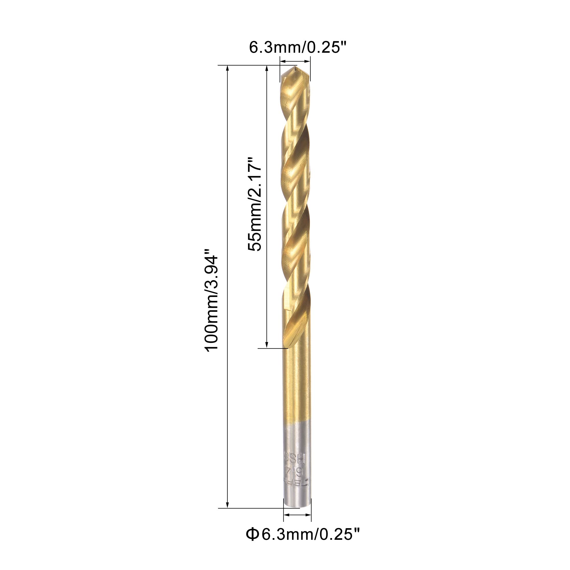 uxcell 6.3mm Drill Bits High Speed Steel Straight Shank 100mm Length Twist Drill Bit Fully Ground Titanium Coated 2 Pcs