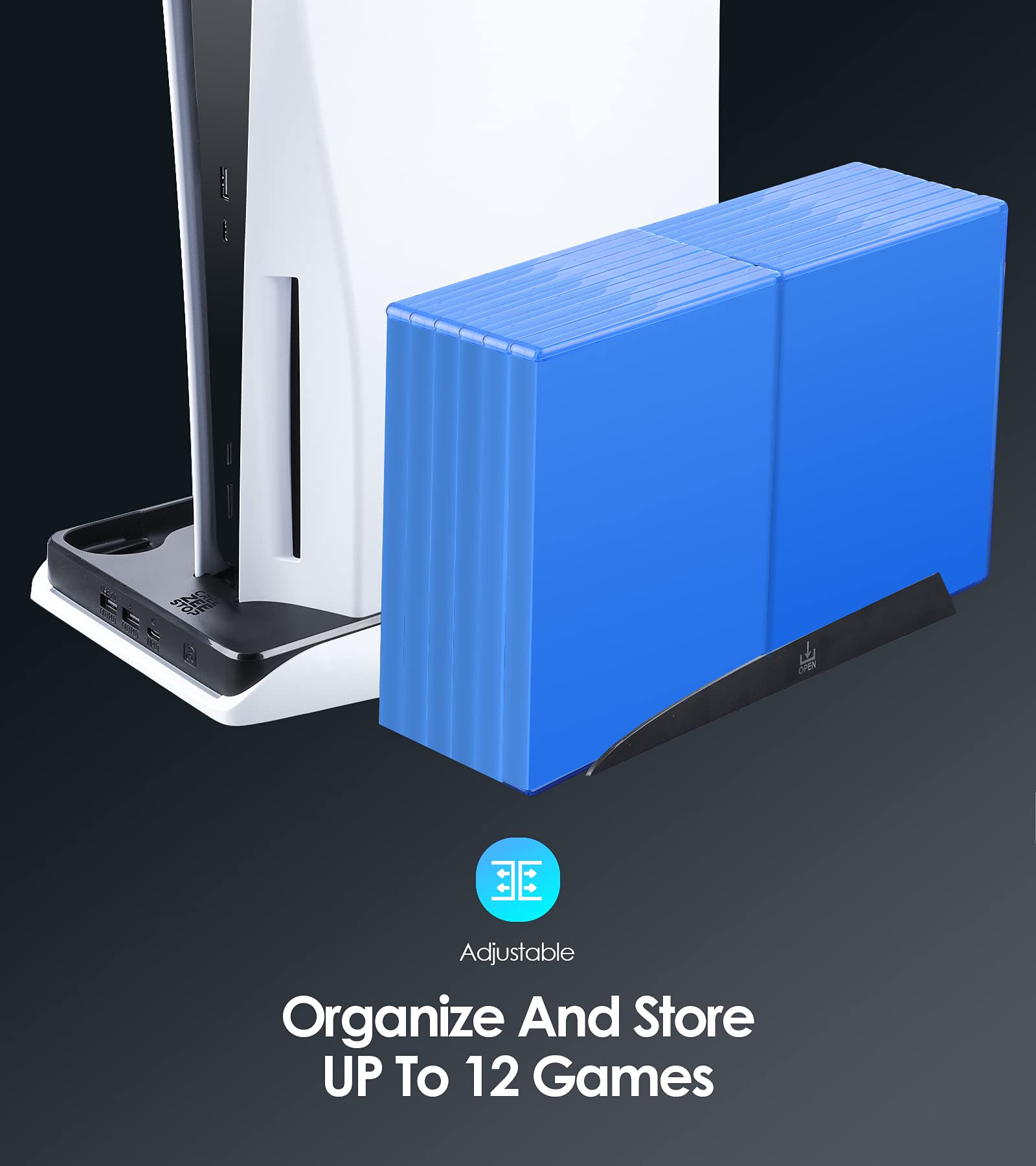 PS5 Stand, CreeZeeStop Vertical Stand with Cooler Fans for PS5 Disc & Digital Editions, with Dual Controller Charger and 12 Games Slots, USB C and 2 USB Ports (USB C Cable Included)